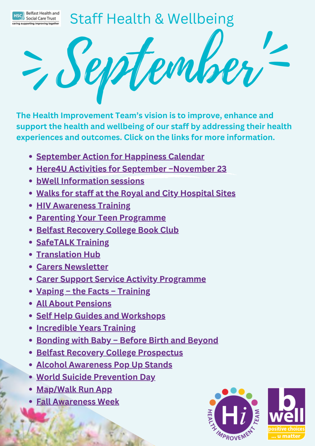 September Staff Health & Wellbeing Flyer | B Well Belfast